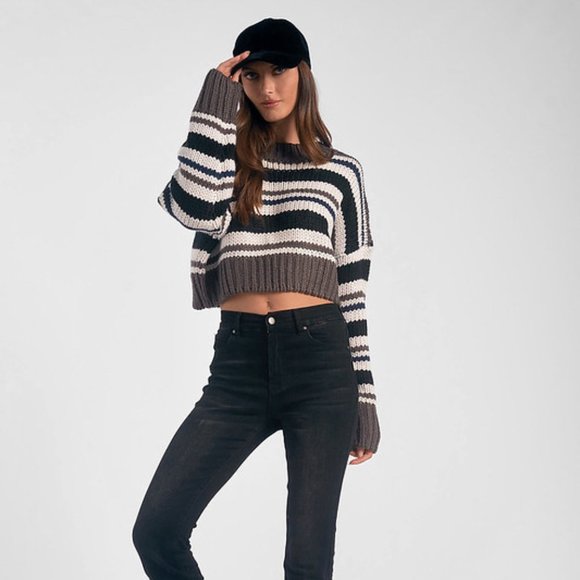 Elan | Sweaters | Elan Womens Black Stripe Crew Neck Sweater | Poshmark